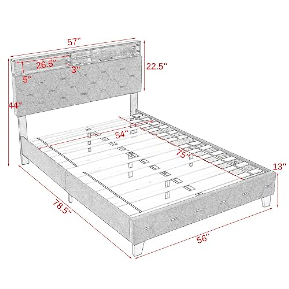 CuisinSmart Queen Size Bed Frame with Headboard,Storage & USB Ports & Outlets,No Box Spring Needed,78.5" x 57",Grey Bed Frame Furniture for Bedroom,Farmhouse,Hotel