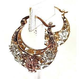 Fran & Co. Jewelry Gold Plated Tri Color Virgin Mary Flower Basket Earrings Virgen De Guadalupe Aretes Arracadas