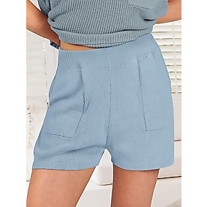 ANRABESS Women's Two Piece Summer Outfits Knit Sweater Short Sets Pullover Tops & Shorts Lounge Matching Clothes Set Sky Small