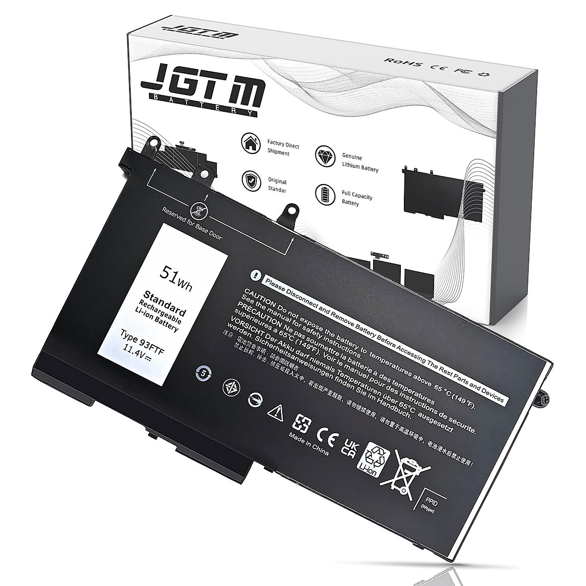 JGTM 51Wh 93FTF Laptop Battery Replacement for Dell Latitude 5580 5590 5480 5490 5280 5288 5488 5491 5495 5591 E5280 E5480 E5580 Precision 15 3520 3530 M3520 M3530 D4CMT GJKNX 3DDDG 83XPC 4YFVG 11.4V