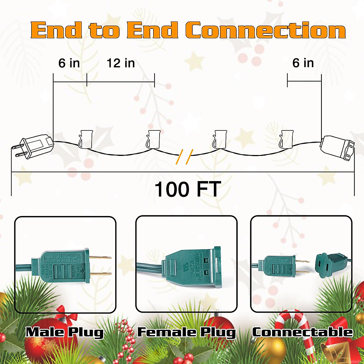 Encoidoz 100FT C9 Light String Christmas Stringer, E17 Light Sockets 12" Spacing, C9 Stringer Set Green Outdoor String Light Strand for Wedding Patio Event Lighting Decor, Green Wire