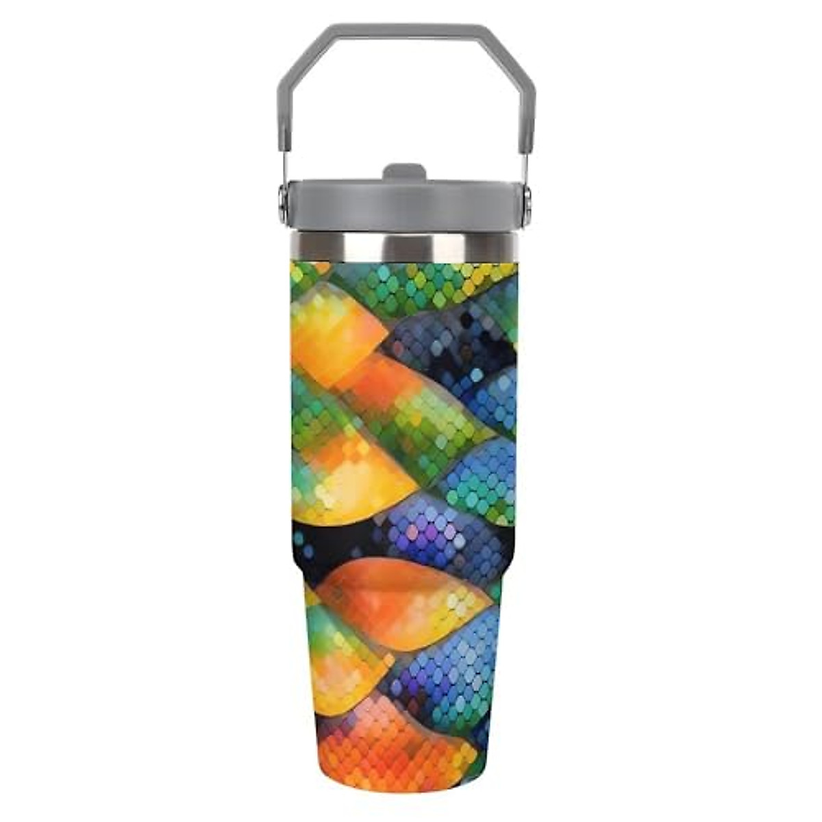 BWQJKUO Large Capacity Car Cup 30 Oz Stainless Steel Rainbow Fish Scale Printed Travel Mug Leak-proof Flip Straw Tumbler with Handle,keeps Cold Or Ho