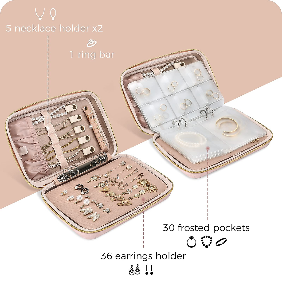 ProCase Large Travel Jewelry Organizer Case, Jewellery Home Storage Book Ring Binder with Clear Pockets for Presentation, Zippered Pouch Bag for Earrings Necklaces Bracelets -Pink