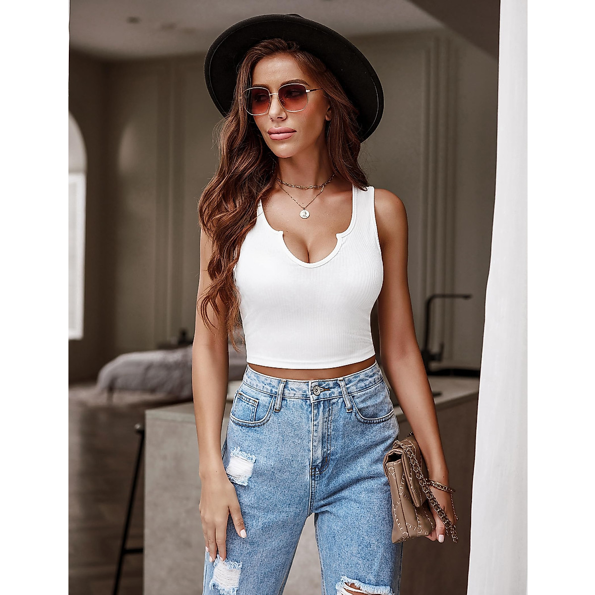 Ekouaer Women's Crop Tank Tops V Neck Workout Slim Fitted Crop Top White