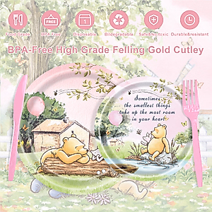 122PCS Classic Bear Baby Shower Party Supplies for Baby Girls Kids1st First Birthday Pink Neutral Winnie Bear Themed Disposable Tableware Set Plates Napkins Cups Tablecloths Banners for 20 Guests