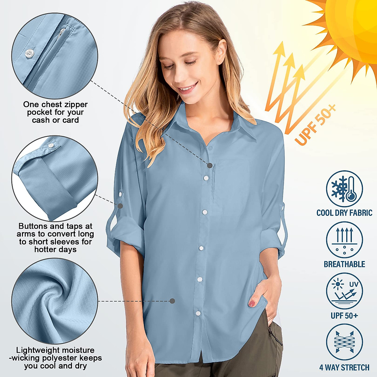 Women Long Sleeve Sun Protection Shirts, UV Fishing Hiking Button Safari Dry Quick Lightweight Lightweight,5019 Blue,Small