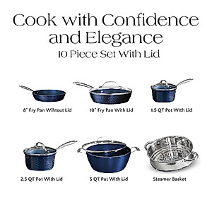 OrGREENiC Blue Hammered Collection - Non-Toxic, Non-Stick Ceramic 10 Piece Cookware Set with Glass Lids, Scratch-Resistant, Oven Safe with Upgraded Handles, Safe Pan for All Stovetops