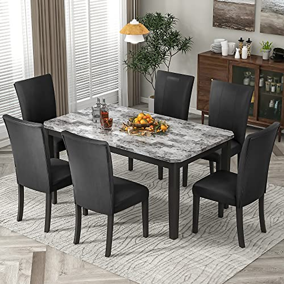 DHHU Furniture, 7-Piece Dining 1 Faux Marble Top Upholstered-Seats, Kitchen Table Set for 6, Black