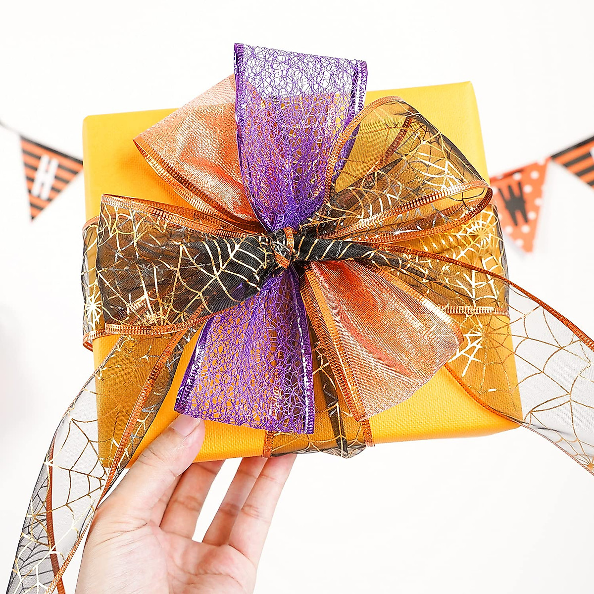 MEEDEE Halloween Ribbon - 6 Rolls, 36 Yards, Wired, Purple, Orange, Black, Skull Pattern