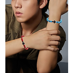 Svovin 12Pcs Fashion Religion Cross Men Women 8mm Natural Stone Lava Tiger Eye Stretch Anxiety Bracelets Unisex 7.5"