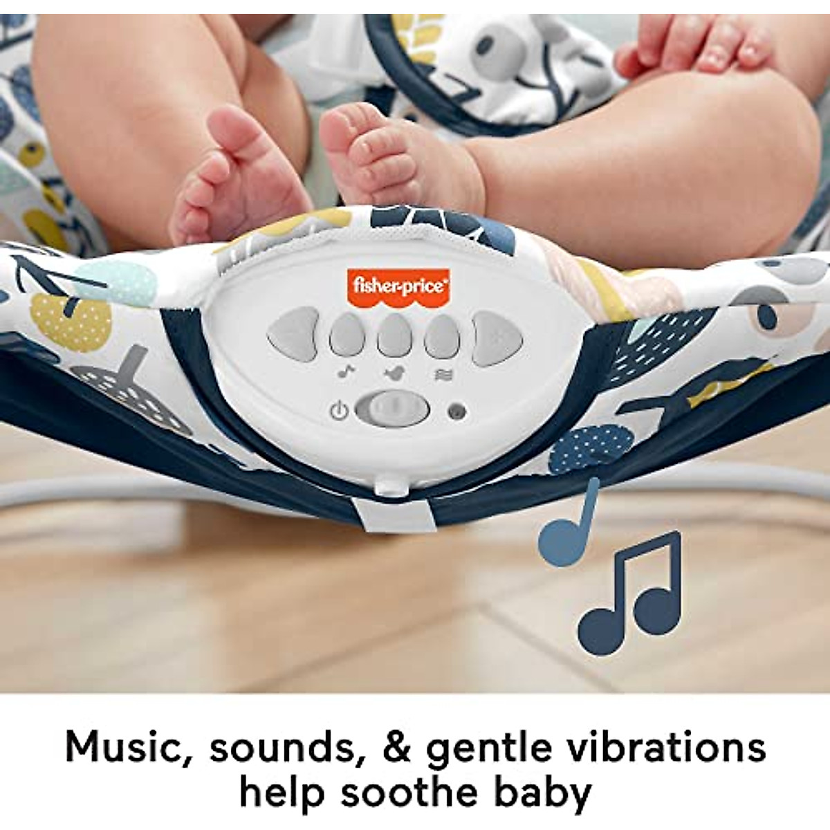 Fisher-Price See & Soothe Deluxe Bouncer – Navy Foliage, Portable Baby seat with Vibrations, Music and Sounds