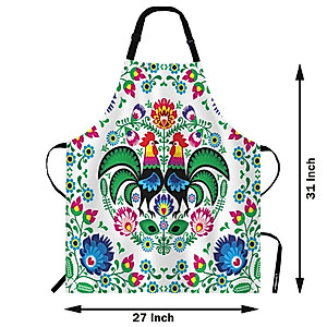 Wondertify Polish Floral Folk Art Apron,Square Pattern with Rooster Lowicz Cutouts Patterns Green Bib Apron with Adjustable Neck for Men Women,Suitable for Home Kitchen Cooking Bistro Baking BBQ Apron