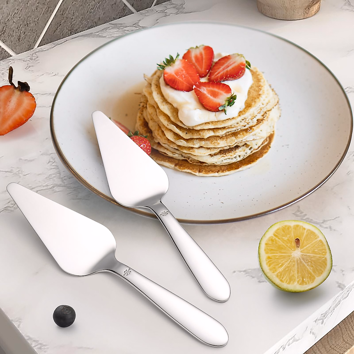 Amrules Cake Server, Wedding Cake Cutting Set 2 Piece Cake Cutter, Durable Stainless Steel Pie Server with Smooth Edge and Exquisite Pattern Design for Pastry Pizza Dessert, Silver