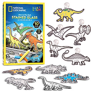 NATIONAL GEOGRAPHIC Glow in The Dark Dinosaur Stained Glass Art Kit - Window Sun Catchers and Crafts for Kids Ages 4-8