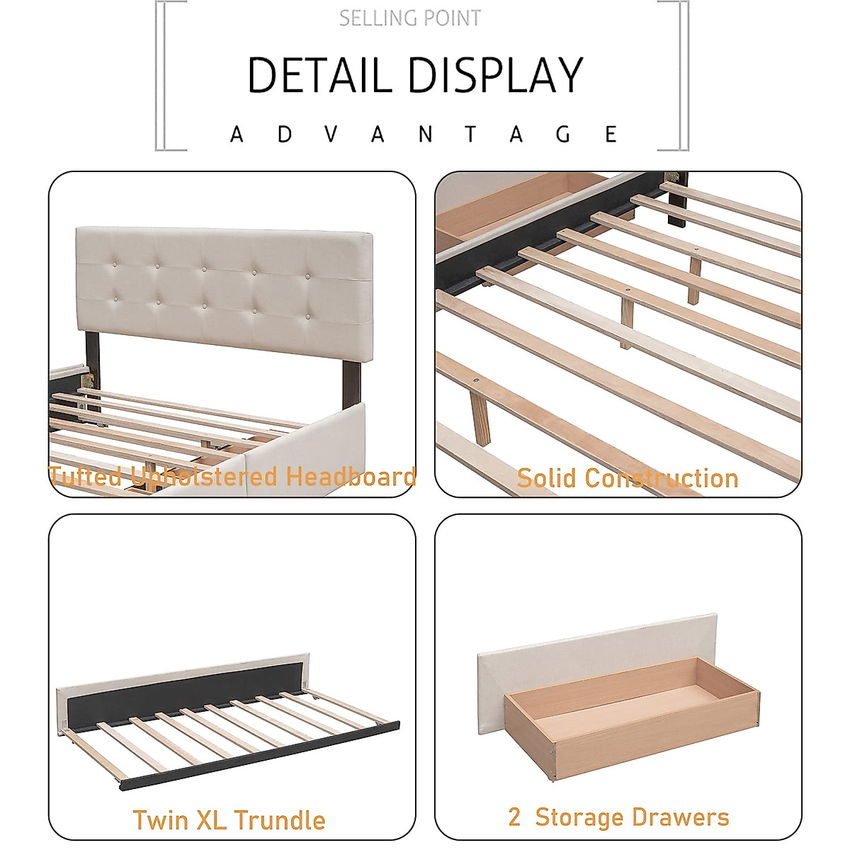 Harper & Bright Designs Upholstered Queen Size Platform Bed with 2 Storage Drawers and 1 Twin XL Trundle, Wood Queen Storage Bed with Linen Fabric for Bedroom Guestroom (Queen, Beige)