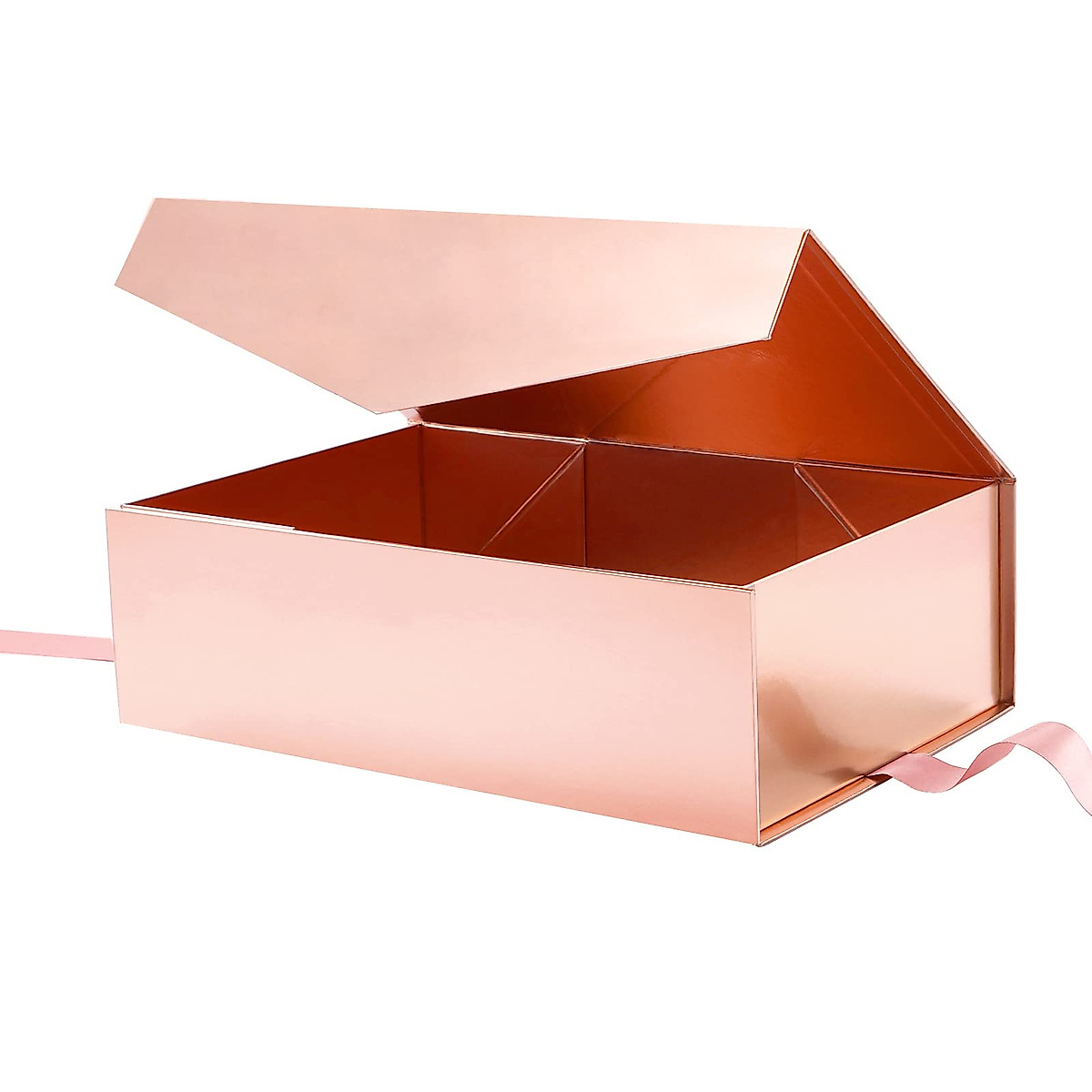 ROSEGLD Large Gift Box with Ribbon 13.5x9x4.1 Inches, Collapsible Gift Box with Lid, Bridesmaid Proposal Box, Magnetic Gift Box for Presents (Glossy Rose Gold)