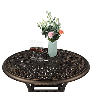 VINGLI 35" Patio Dining Table, Cast Aluminum Round Outdoor Dining Table with Umbrella Hole Outdoor Bar Table, Outdoor Bistro Table Outdoor Furniture Garden Table (35.4”Diax29.5”H)