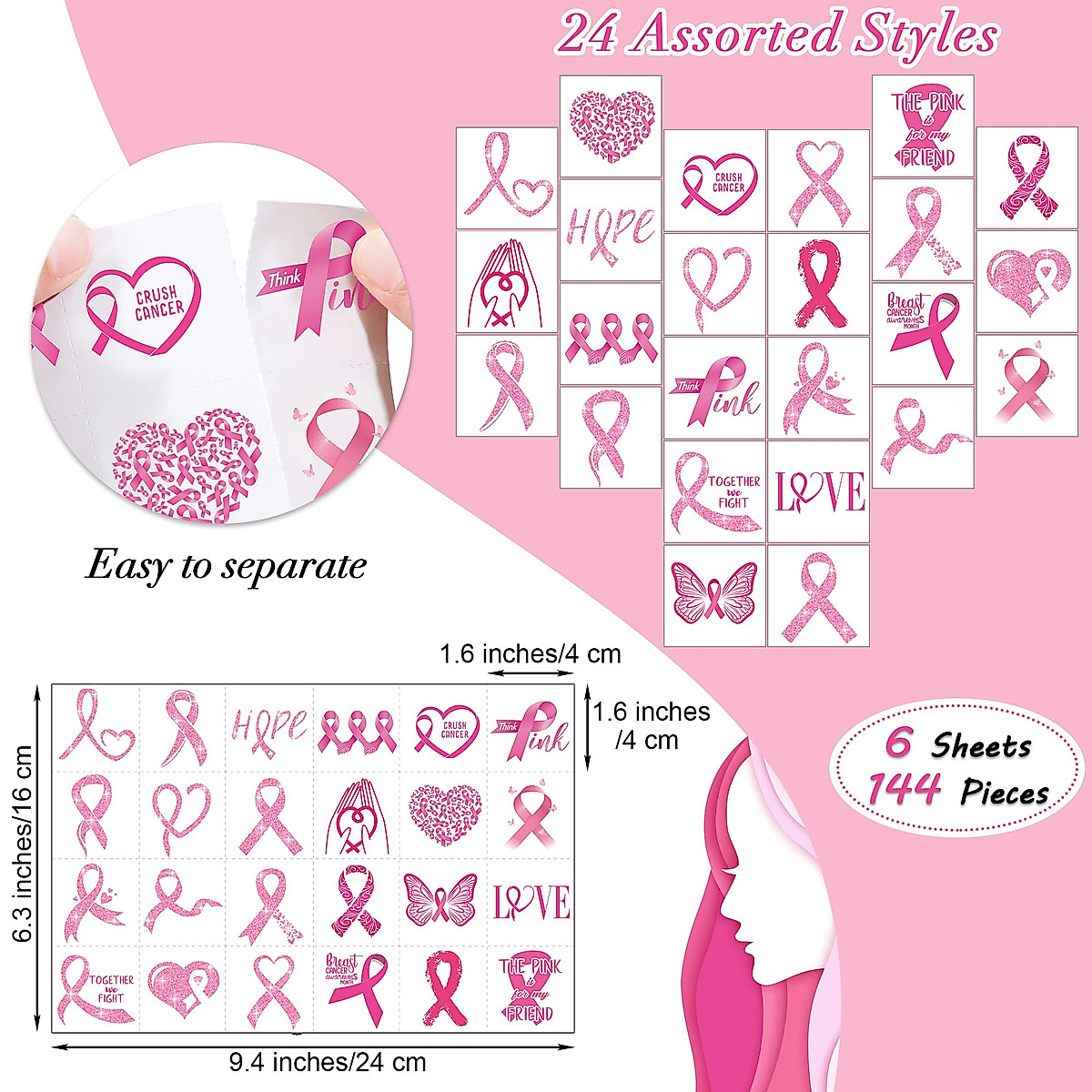 ADXCO 144 Pieces Pink Ribbon Glitter Tattoos Waterproof Breast Cancer Awareness Temporary Tattoos Skin Safe Pink Ribbon Tattoos Sticker for October Breast Cancer Awareness Month