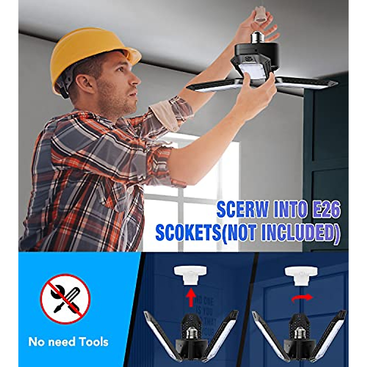 JZCreater LED Garage Lights 2 Pack 60W, Deformable Garage Light 3 Panels Adjustable Lights E26 8000LM LED Shop Light for Warehouse, Workshop, Basement, Attic