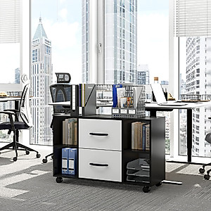 soges 2 Drawer Mobile Lateral File Cabinet, Office Filing Cabinet, Rolling Storage Cabinet, Printer Stand with Open Storage Shelves and Wheels, Black and White, CXWL-FC08BW