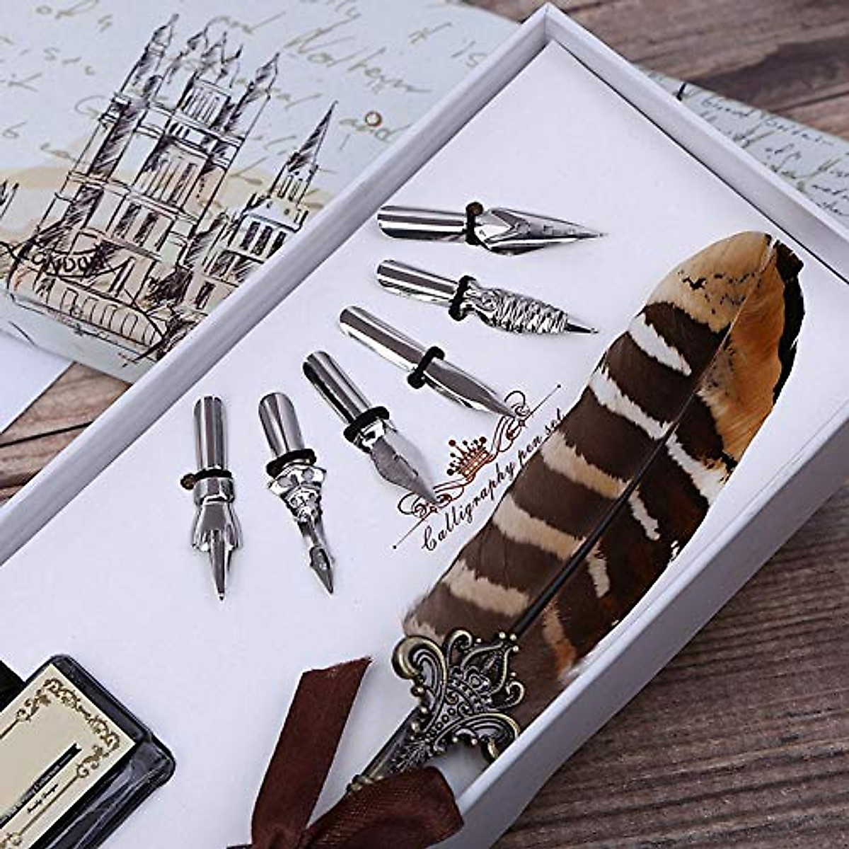 Wal front Quill Pen, European Retro Style Dip Pen Calligraphy Pen Set with 5pcs Stainless Steel Nibs Office Writing Instrument