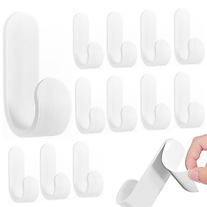 DueHoppee 12 Pack Plastic Adhesive Hooks,Damage Free Hooks Holder,Key Holder,Cute Key Hooks,White Decorative Wall Hooks for Hanging Hat Cup Glass Headset Towel(J-Shaped)