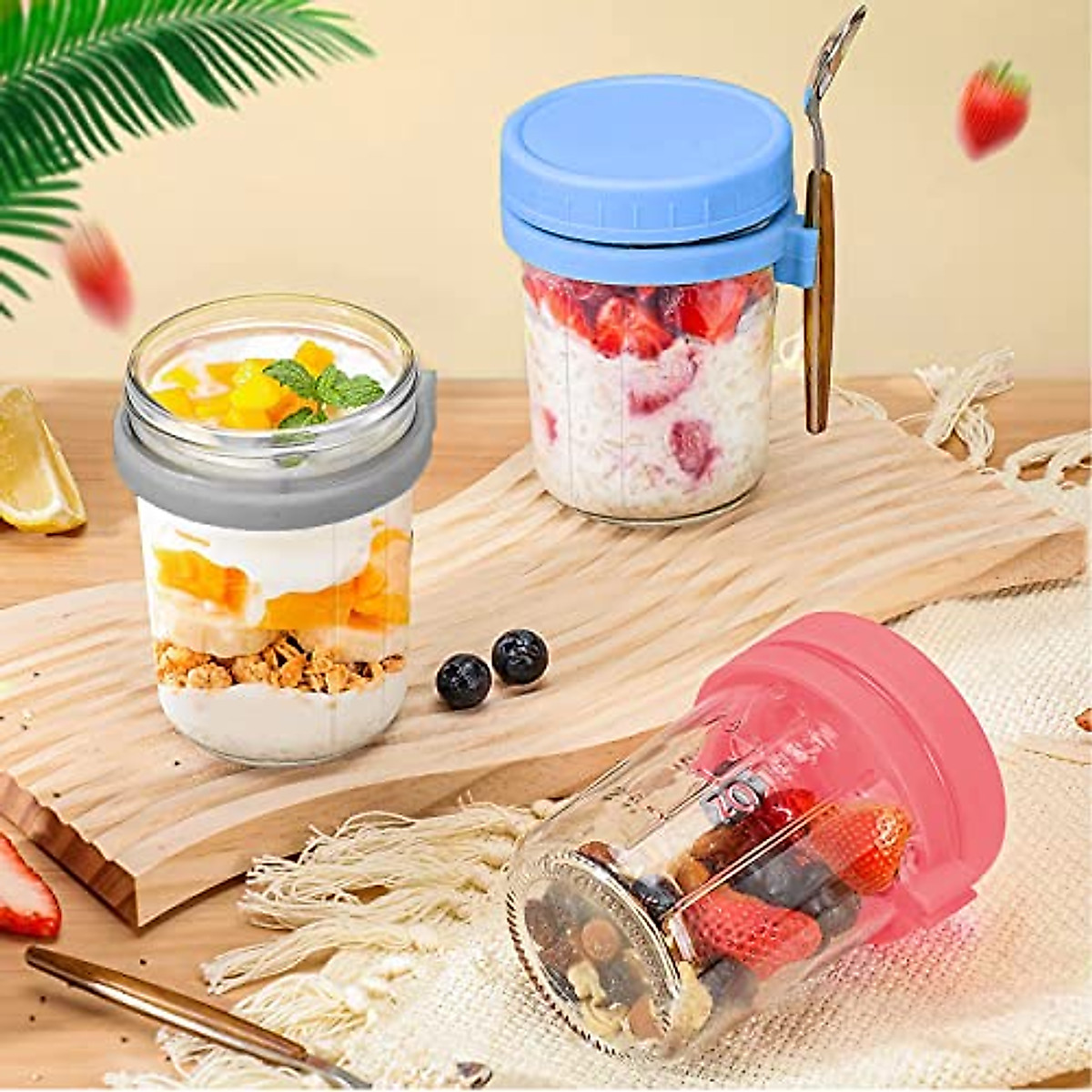 Overnight Oats Containers with Lids and Spoon 16 oz [4 Pack] Large Airtight Overnight Oats Jars Oatmeal Container with Measurement Marks, Glass Mason Jars for Yogurt, Chia Seed Pudding, Cereal, Milk,
