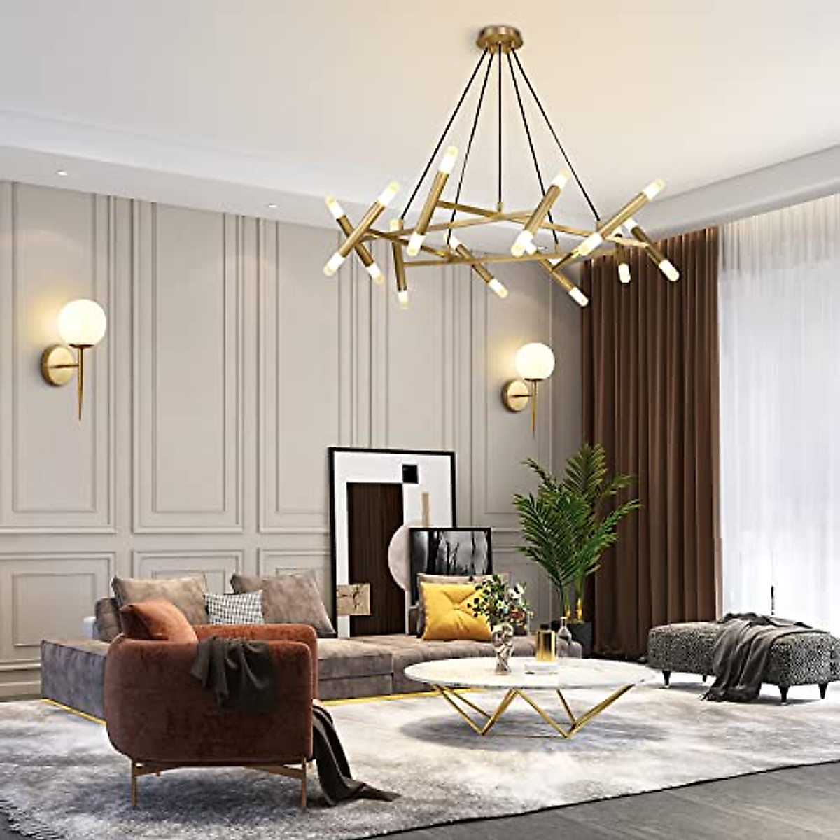 BOKT Mid Century Modern 20-Light Polygonal Chandelier Light Fixture for Kitchen Living Room Foyer Dining Room Ceiling Lamp Includ G4 Warm White Bulbs (Bronze)