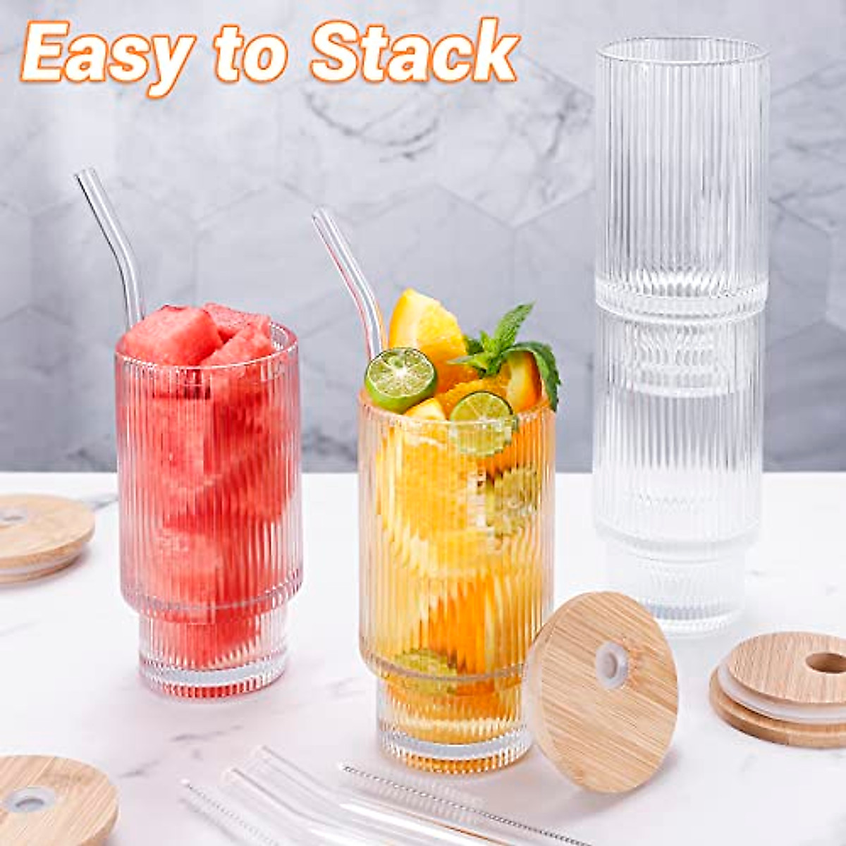 AKONEGE Ribbed Glassware Drinking Glasses with Lid and Straws, 12oz Ribbed Glass Cups Vintage Fluted Glassware Set of 4, Iced Coffee Cup, Coffee Bar Accessories for Whiskey Cocktail Beer Coffee Tea