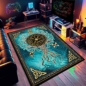 Owingus Design Viking Rug for Living Room, Tree of Life Norse Decor Vikings Area Rugs, Viking Magic Symbol Norse Culture Rug Non-Slip Floor Mat, Indoor Outdoor Carpet Home Decor Full Sizes 06