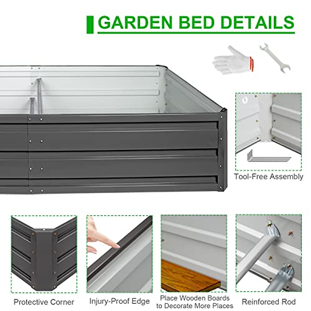 Thanaddo Raised Garden Bed 6x3x1 ft Outdoor Planter Box with Injury-Proof Edge and Free Gloves Galvanized Metal Garden Bed Kit for Vegetables, Flowers, Herbs and Succulents, Grey