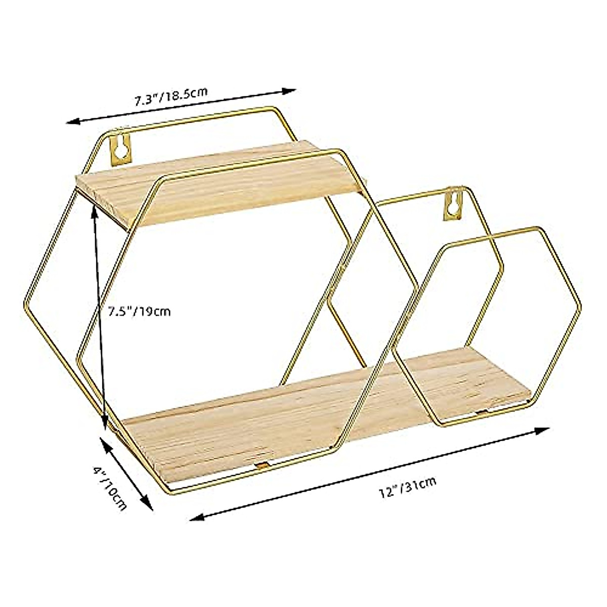 Fasyou Hexagon Floating Shelves Cute Gold Honeycomb Shelves Wall Mounted Shelves with Metal Bracket Rustic Solid Wood Wall Shelves for Living Room,Bedroom,Gold