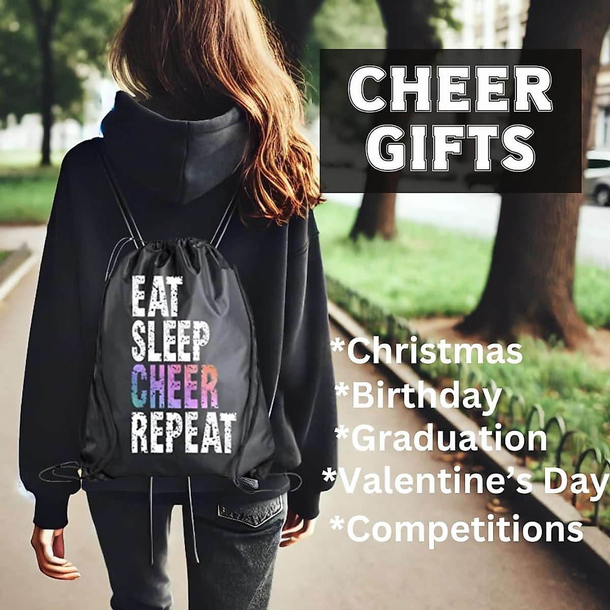 Sportybella - Cheer Drawstring Bag - Eat Sleep Cheer Repeat, Cheerleading Competition Bag, Sport Cinch Sack, Gift for Cheerleaders