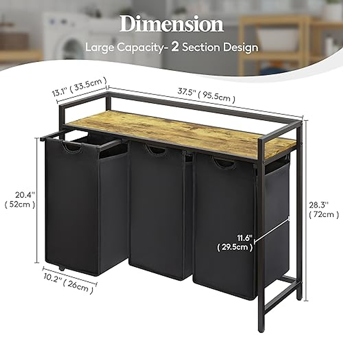 Lifewit Laundry Hamper 3 Section, 120L Pull out Laundry Clothes Basket Organizer with Large Top Shelf and 3 Removable Bags and Handles, Laundry Sorter for Laundry Room Bedroom Bathroom Dorm, Black