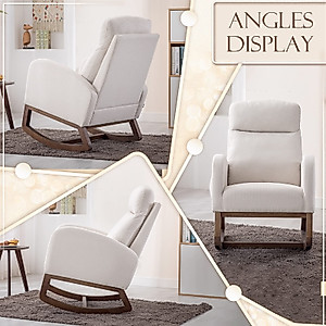 KINFFICT Comfy Rocking Chair, Upholstered Accent Glider Rocker for Baby Nursery or Relaxation, Living Room Armchair with High Back and Headrest, Modern Rocking Glider with Side Pocket, Beige