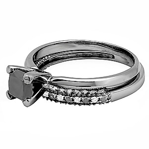 Dazzlingrock Collection 1.50 Carat Princess Black & Round White Diamond Wedding Ring Set for Women in Black Plated 10K White Gold Size 6.5