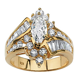 PalmBeach Yellow Gold-Plated Sterling Silver or Platinum-Plated Marquise Shaped and Baguette Cubic Zirconia Bypass Engagement Ring Size 7