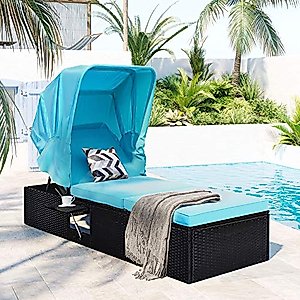 Merax Blue Outdoor Wicker Lounge Chaise with Cushions,Canopy and Cup Table Singe Pool Loungers Chairs Black, 1 Set