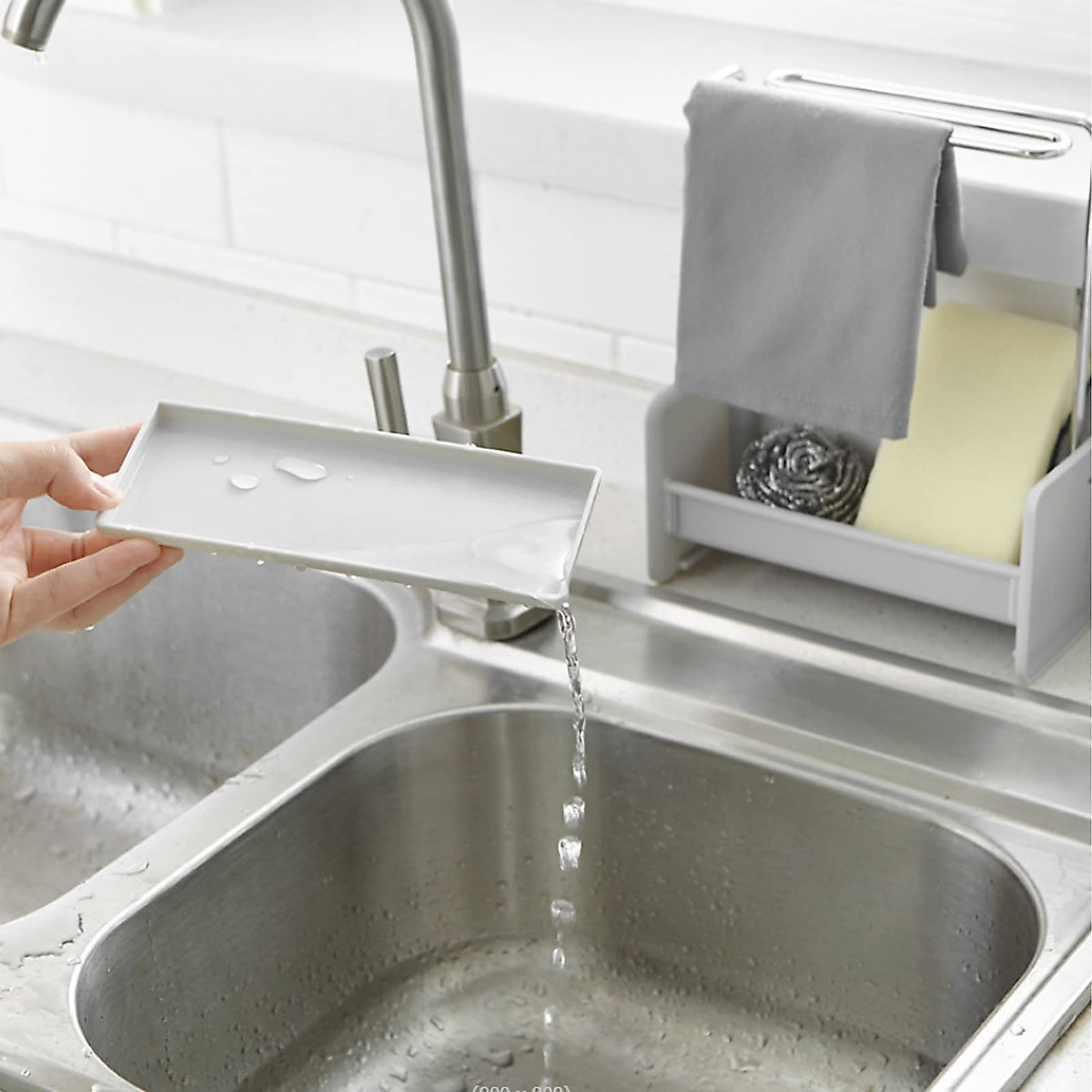 DODAMOUR Sponge Holder with Drain Pan, Kitchen Sink Caddy Tray Organizer, Sponge Brush Soap Dish Dishcloth Rack