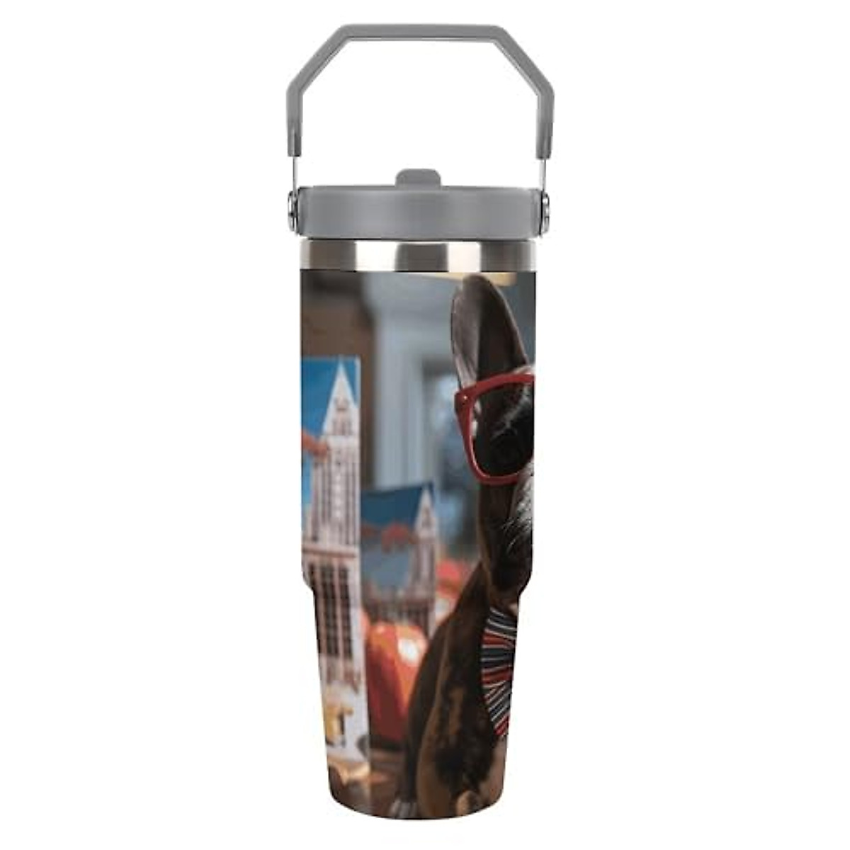 30oz Stainless Steel Insulated Tumbler with Flip Lid & Straw, Leakproof Travel Mug for Car, French Bulldog Wearing Sunglasses Double Wall Vacuum Thermal Coffee Cup with Handle, Spill-Proof Design for
