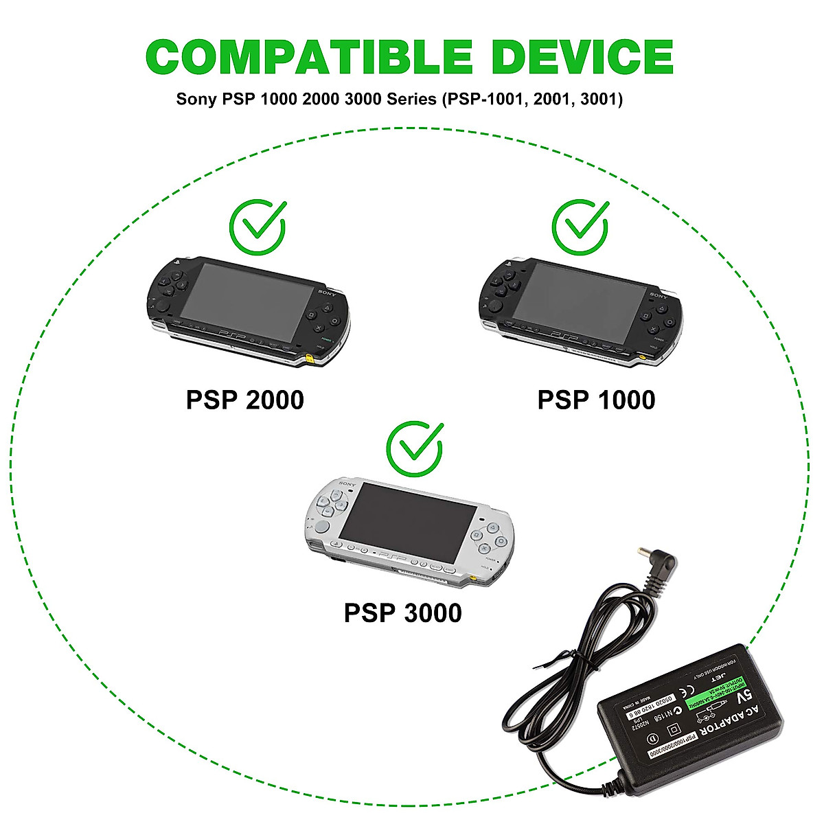 PSP Charger, AC Adapter Wall Charger Compatible with Sony PSP-110 PSP-1001 PSP 1000 / PSP Slim & Lite 2000 / PSP 3000 Replacement