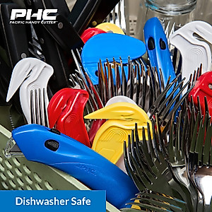 Pacific Handy Cutter Disposable Film Cutter NSF Certified Food Safe Safety Box Cutter & Bladeless Tape Splitter Perfect for Cryovac, Plastic Bags, & Shrink Wrap Yellow