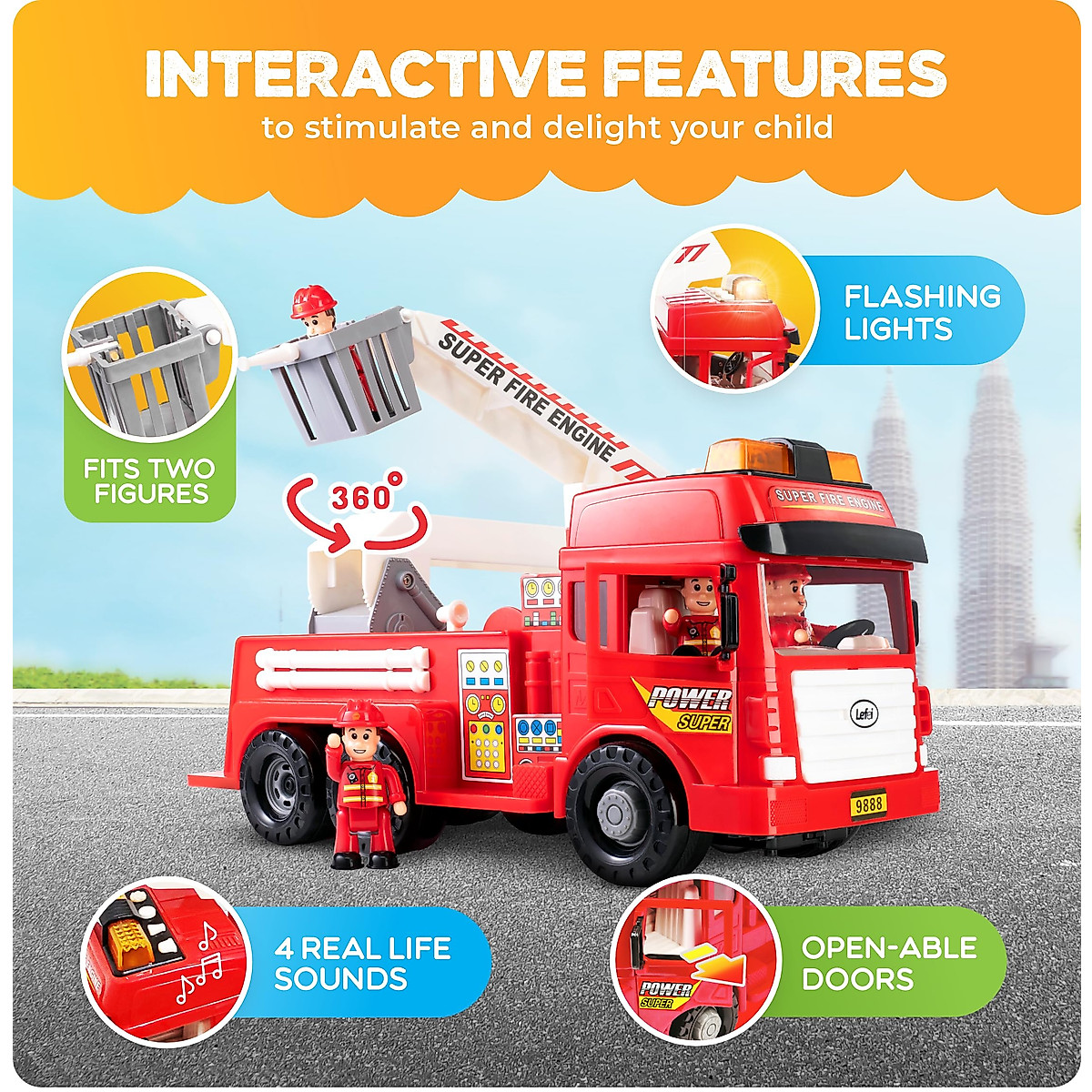 FUNERICA Large Fire Truck Toy with Lights and Sounds - Doors That Open - Big Folding Ladder - 7 Toy Figures and Firemen - Red Firetruck Engine for Toddlers and Kids