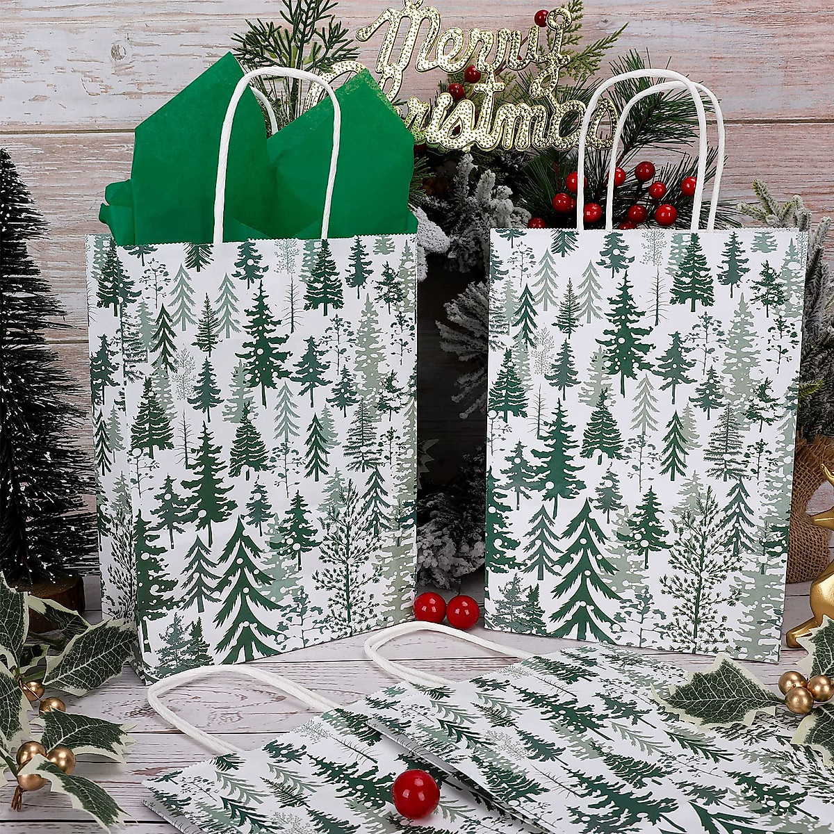 Whaline 12 Pack Christmas Paper Gift Bags with Handle Winter Medium Size Watercolor Xmas Tree Candy Goodie Bags with Green Tissue Paper for Xmas Holiday Party Supplies