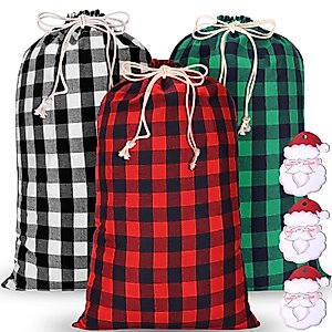Aboofx 3 Pack Extra Large Christmas Bags with Drawstring, 31.5 x 17.7 Inch Large Plaid Fabric Bags Santa Sack Present Bags Stocking Storage for Christmas Party Xmas Ornaments Supplies