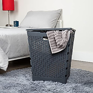 Mind Reader 61L Foldable Laundry Hamper, Clothes Basket, Lid, Wicker Design, Plastic, 18"L x 14.5"W x 21.25"H, Gray