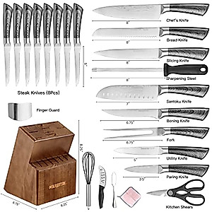 Knife Set with Block for Kitchen, Mareston 24 pcs High-Carbon German Stainless Steel Kitchen Knives Set with Block, Professional Chef Knife Set with 8 Steak Knives, Sharpener, Carving Fork & Shears