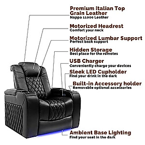 Valencia Tuscany Recliner | Premium Top Grain Italian Nappa 11000 Leather, Power Reclining, Power Lumbar Support, Power Headrest (Single Recliner, Black)