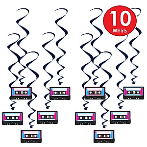 Beistle 10 Piece 80's Theme Cassette Tape Swirls 1980's Retro Hanging Whirl Decorations, 39", Multicolor