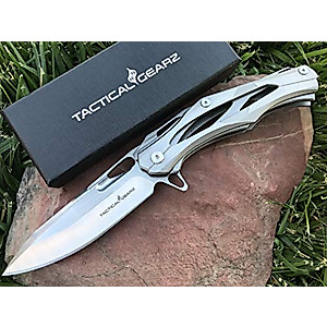 TACTICAL GEARZ SS Pocket Knife! TG Kronus, Brushed Nickel Stainless Steel Handle! Sharp 7Cr17mov Stainless Steel Blade! BallBearing! Includes Sheath!